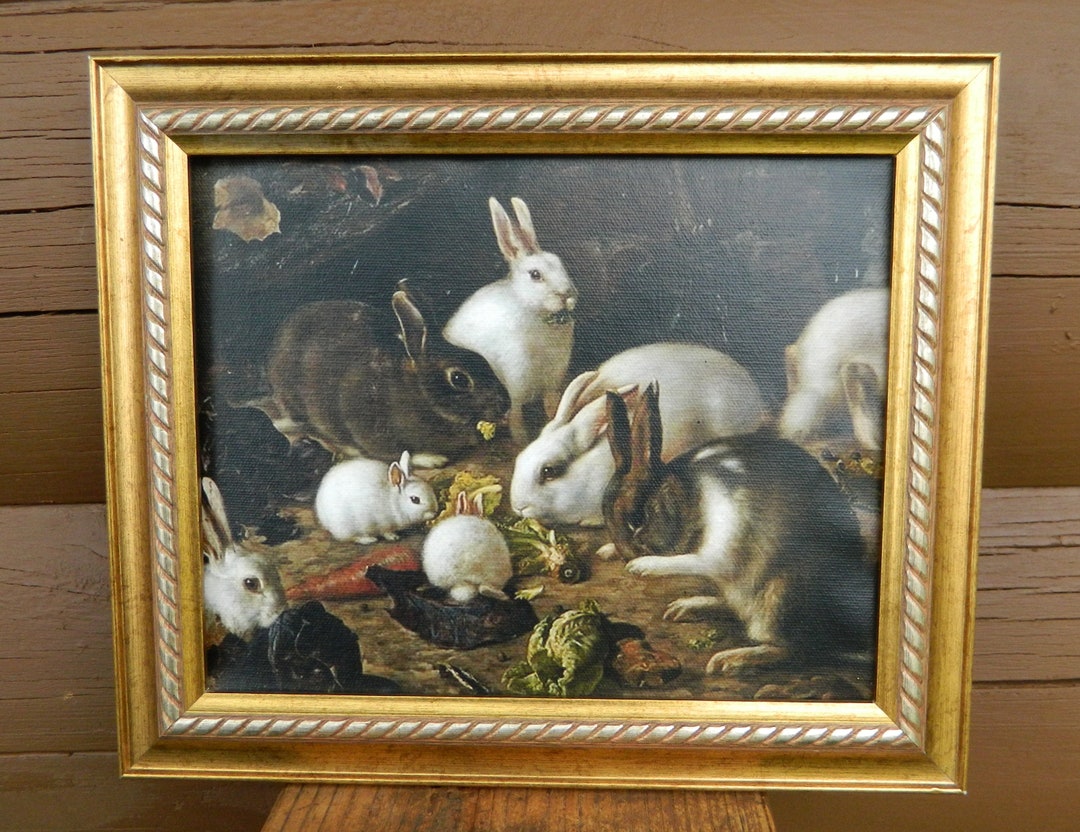 Group of Rabbits Print on Canvas Vintage Wood Frame With Gold Trim With ...