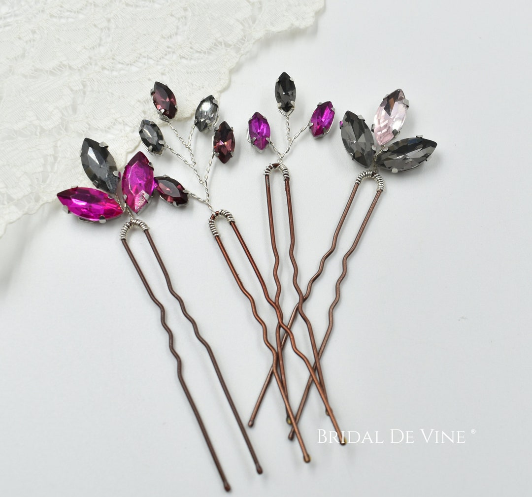 Sangria Hot Pink, Slate, Silver Hair Pins, Bridal Bridesmaids Hair ...