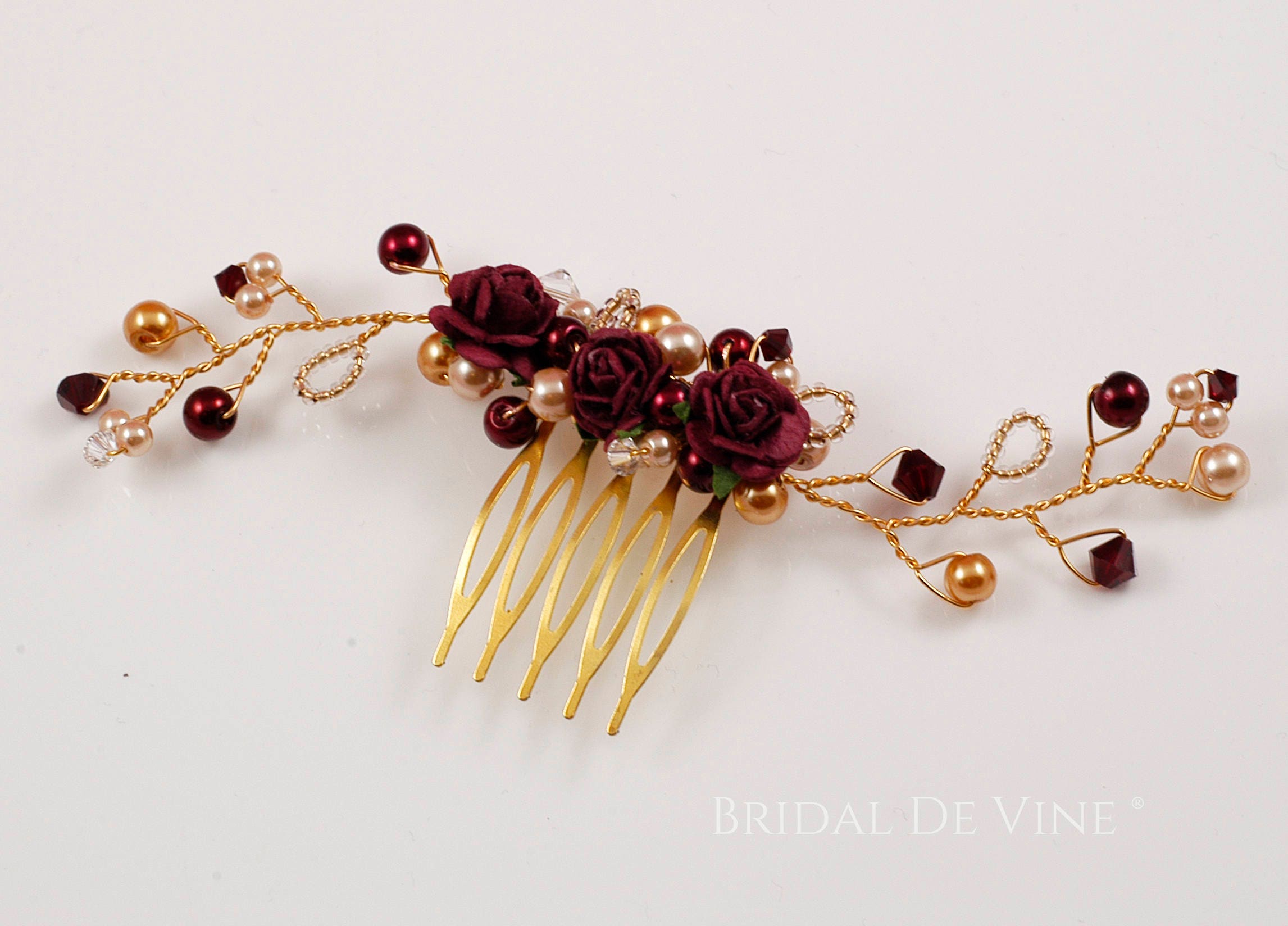 Bridal Mulberry Rose Flower Hair Comb Gold Dark Red Flower | Etsy