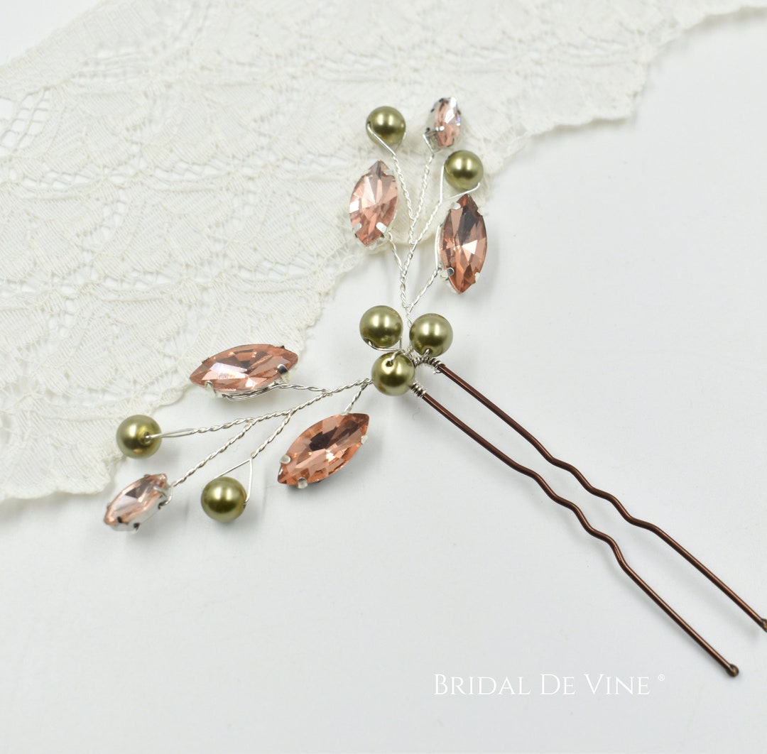 Peach & Sage Green Bridal Hair Pin: Silver Bridesmaid Hair Accessory - Etsy