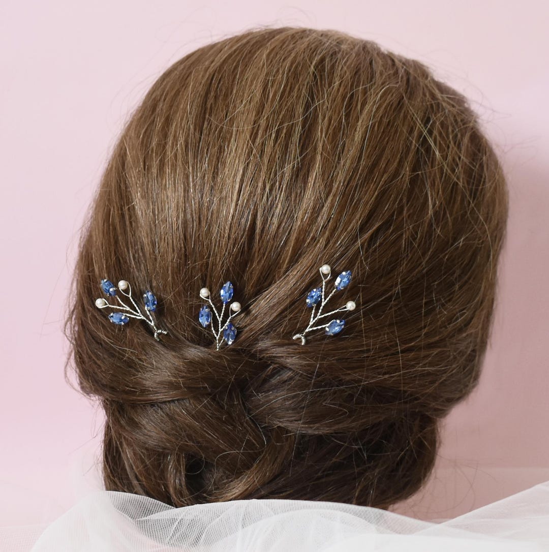 Set of 3 Rhinestone Blue & Pearl Hair Pins, Bridal, Bridesmaids Navy ...