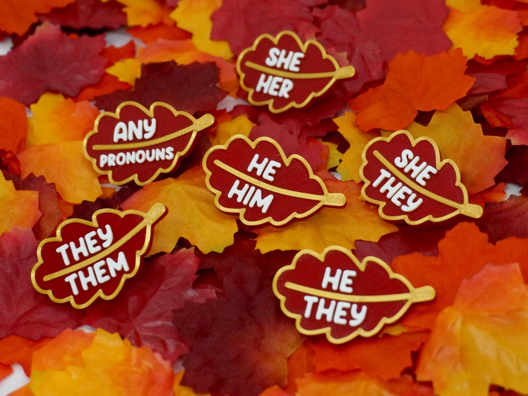 Multipack Fall Leaf Pronouns Pins - She/her, He/him, They/them, Any ...