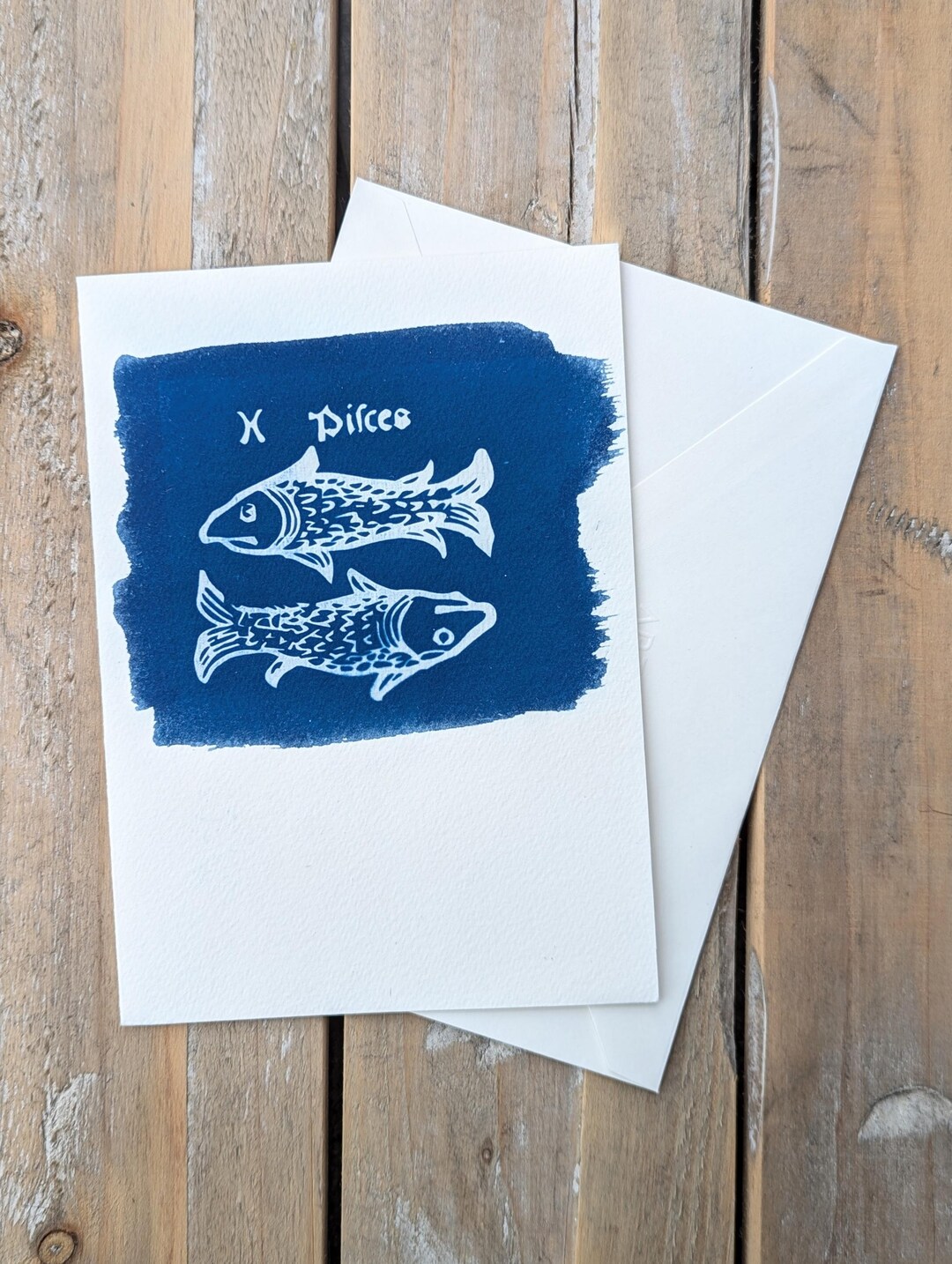 Pisces Zodiac Sign Birthday Card Handmade Cyanotype Blank Greeting Card ...