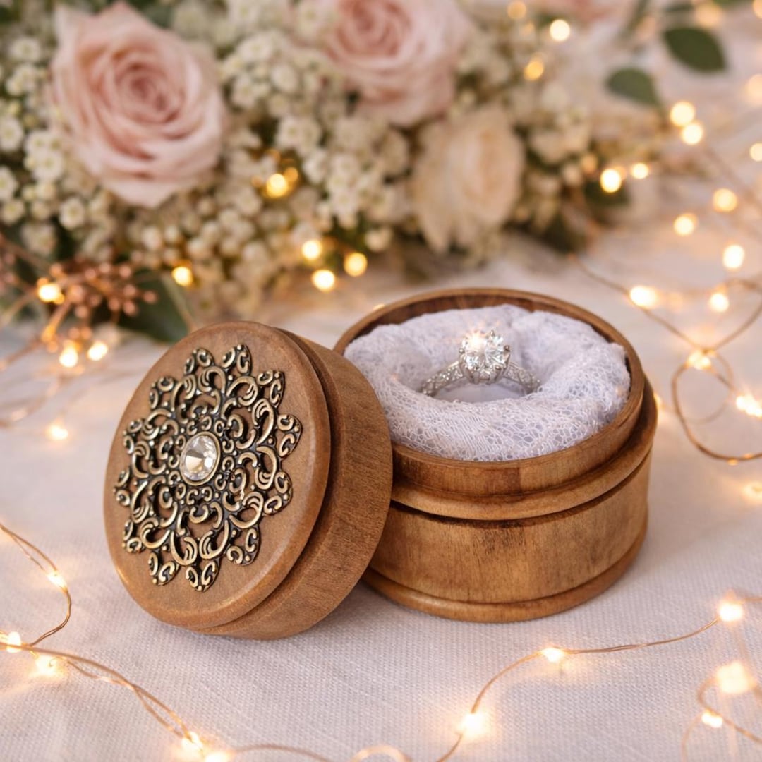 Engagement Ring Box - Proposal Wedding Round Wood Jewelry Storage ...