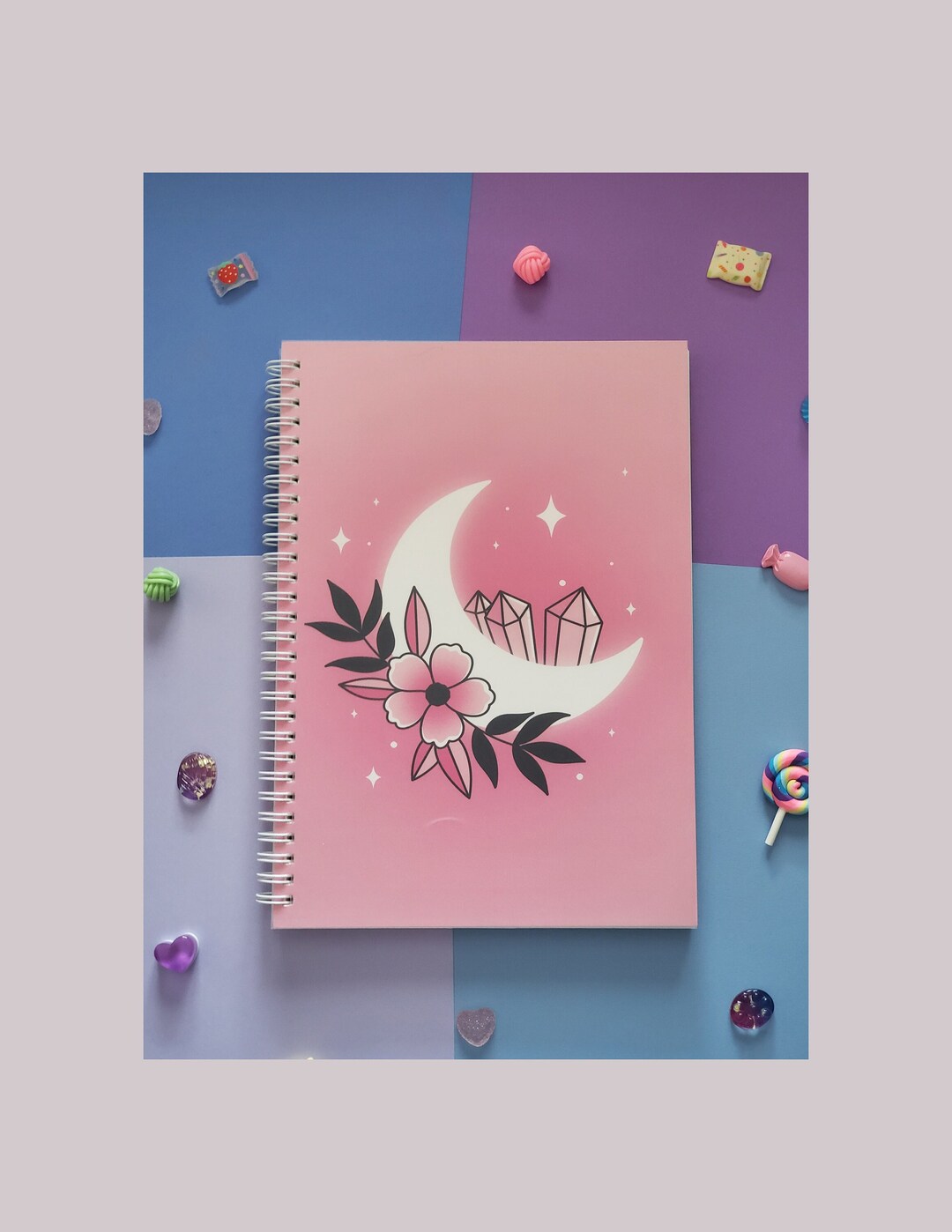 Spiral Notebook | Pink Floral Moon Dot Grid Notebook | Spooky Cute ...