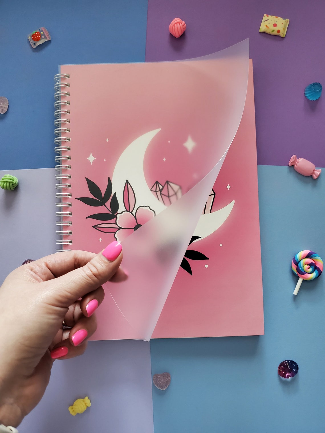 Spiral Notebook | Pink Floral Moon Dot Grid Notebook | Spooky Cute ...