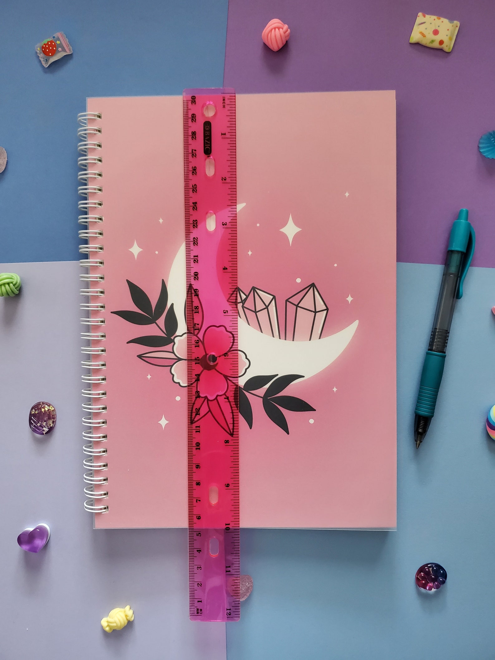 Spiral Notebook | Pink Floral Moon Dot Grid Notebook | Spooky Cute ...