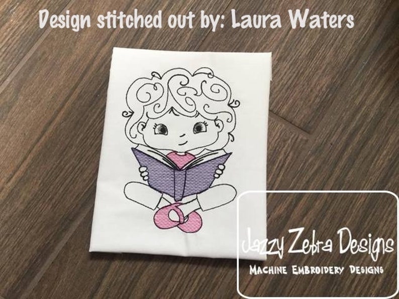 Girl reading book sketch machine embroidery design reading | Etsy