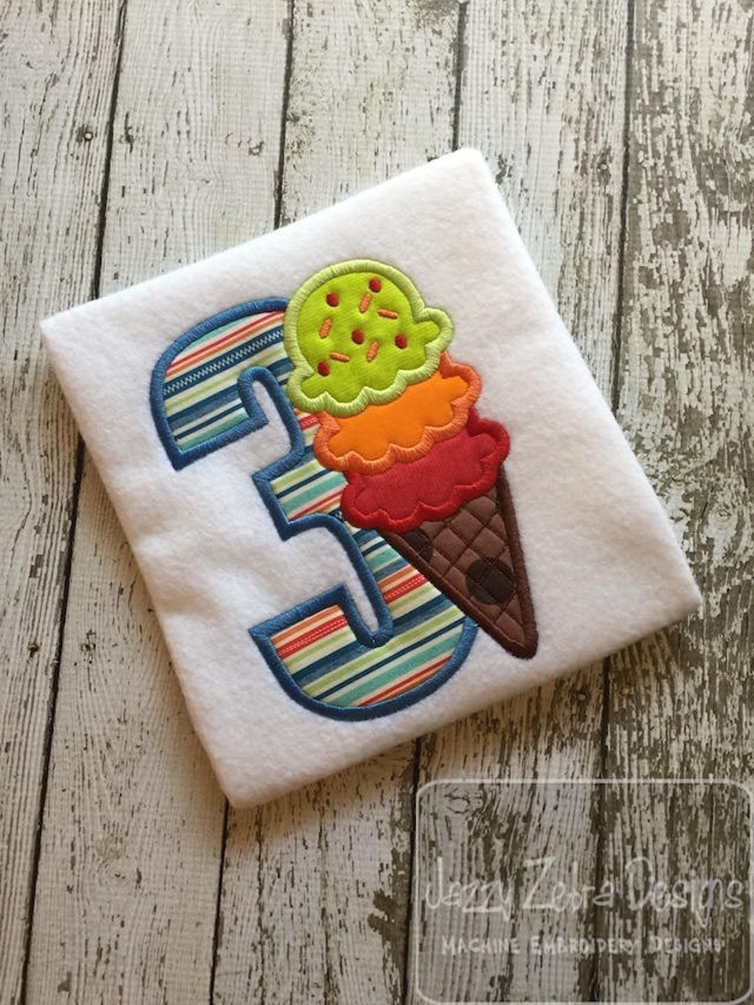 Third Birthday Triple Scoop Ice Cream Cone Appliqué Machine Embroidery