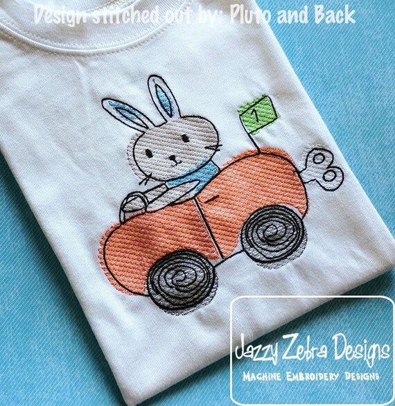 Bunny race car sketch machine embroidery design | Etsy