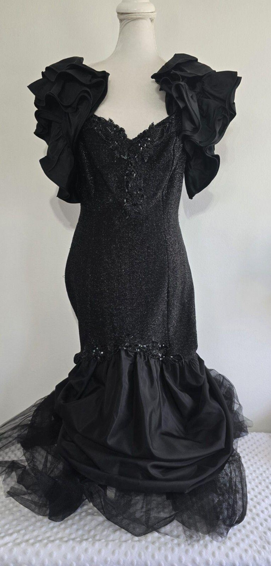 Vtg 80s Ballgown Prom Dress XL 15 Black Chiffon Mermaid Maxi Long ...