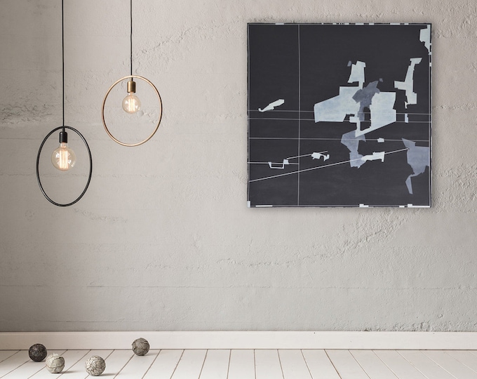 Original Black Oil Painting, Geometric Abstract Painting, Large 35x35 ...