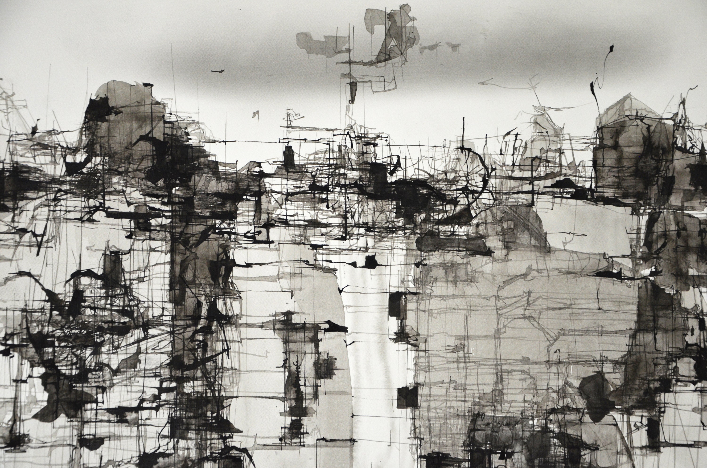 Original Abstract Drawing, Large Art, Ink Pencil Charcoal on Paper ...