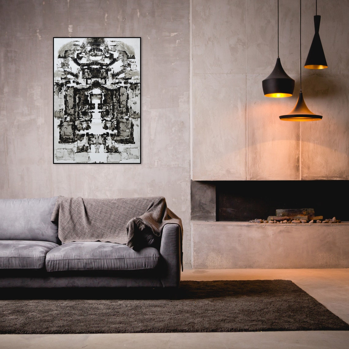 Abstarct Original Ink Art Drawing, Large 40x28, Black and White Art, Ink Art, Achromatic Drawing ...