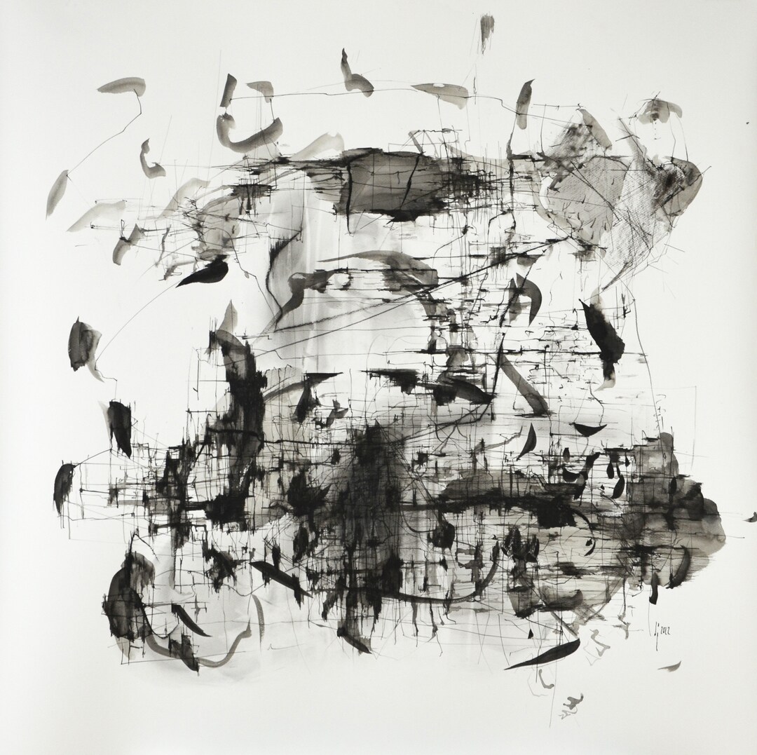 Large Abstract Drawing on Paper, Black and White Contemporary Art, Ink ...