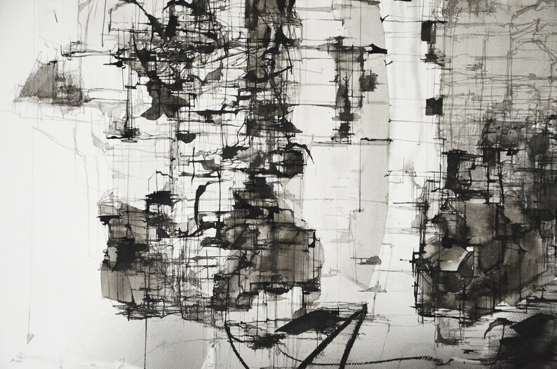 Original Abstract Drawing, Large Art, Ink Pencil Charcoal on Paper ...