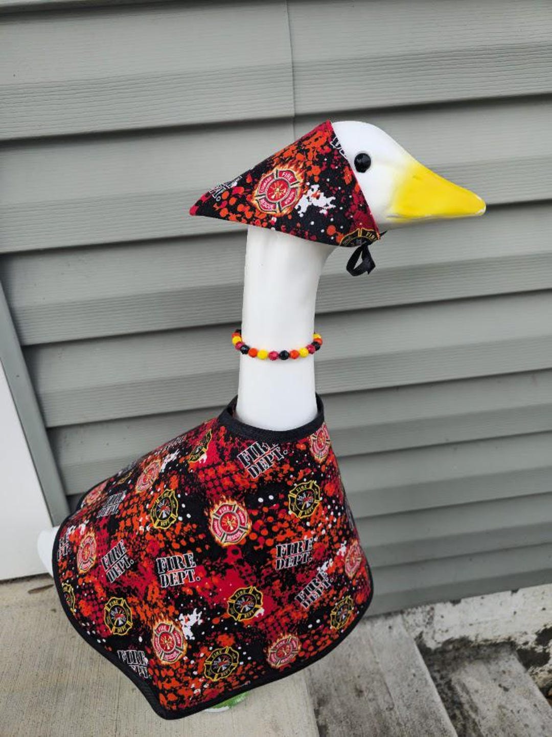 Firefighter Goose Outfit – Handmade Porch Outfit - Dress, Hat ...