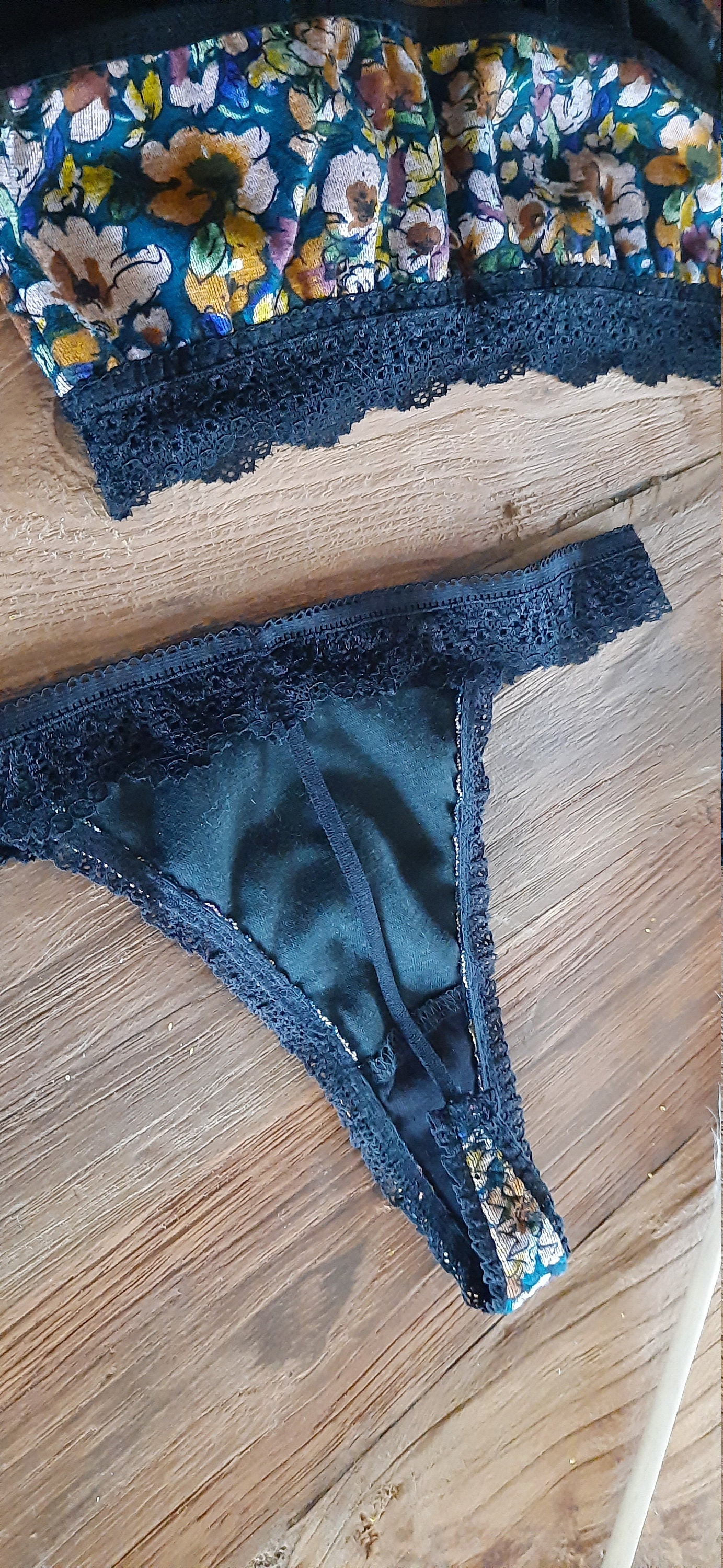 Betty Lingerie Set Beige And Green Floral Print Bralette And Thong