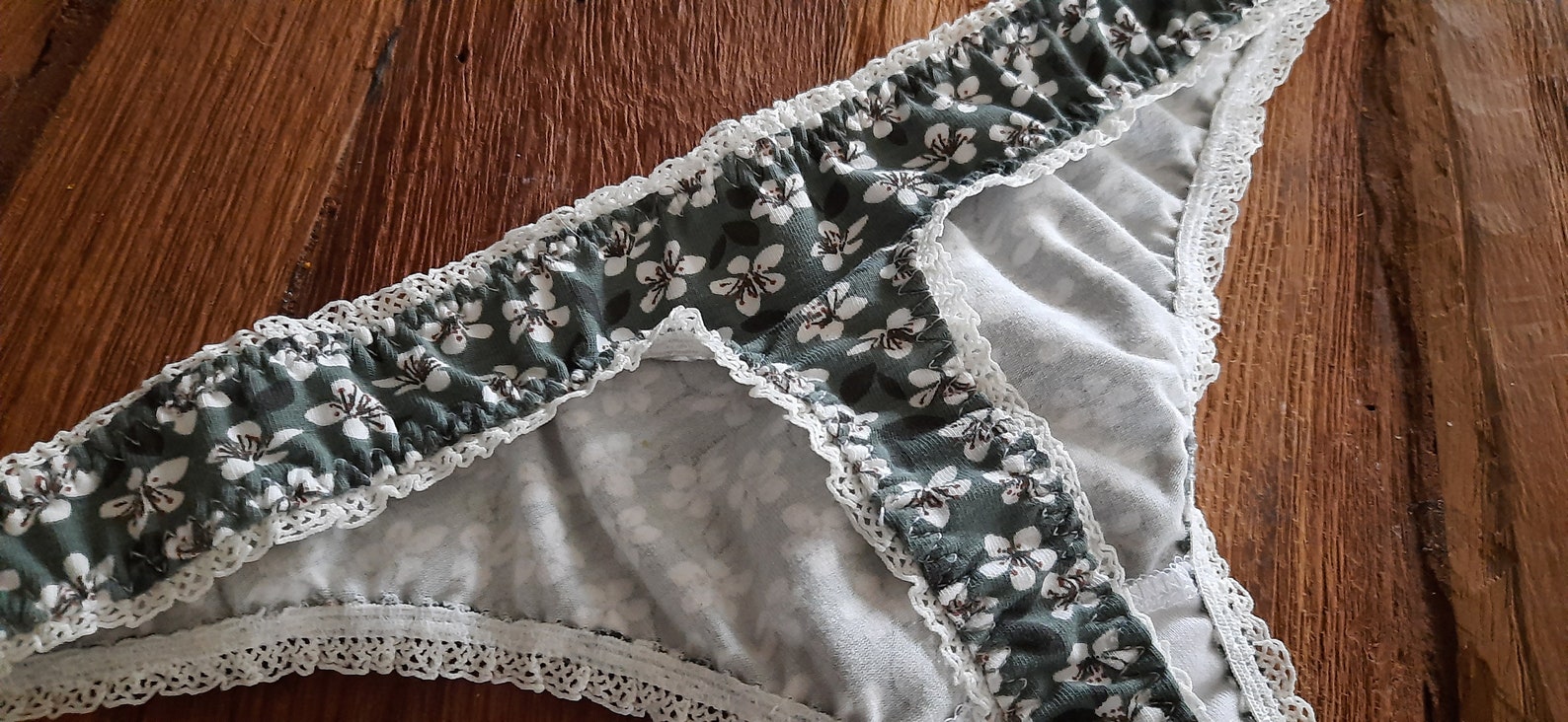 Lilly Thong Beige And Green Floral Print Thong With Lace Trim Etsy