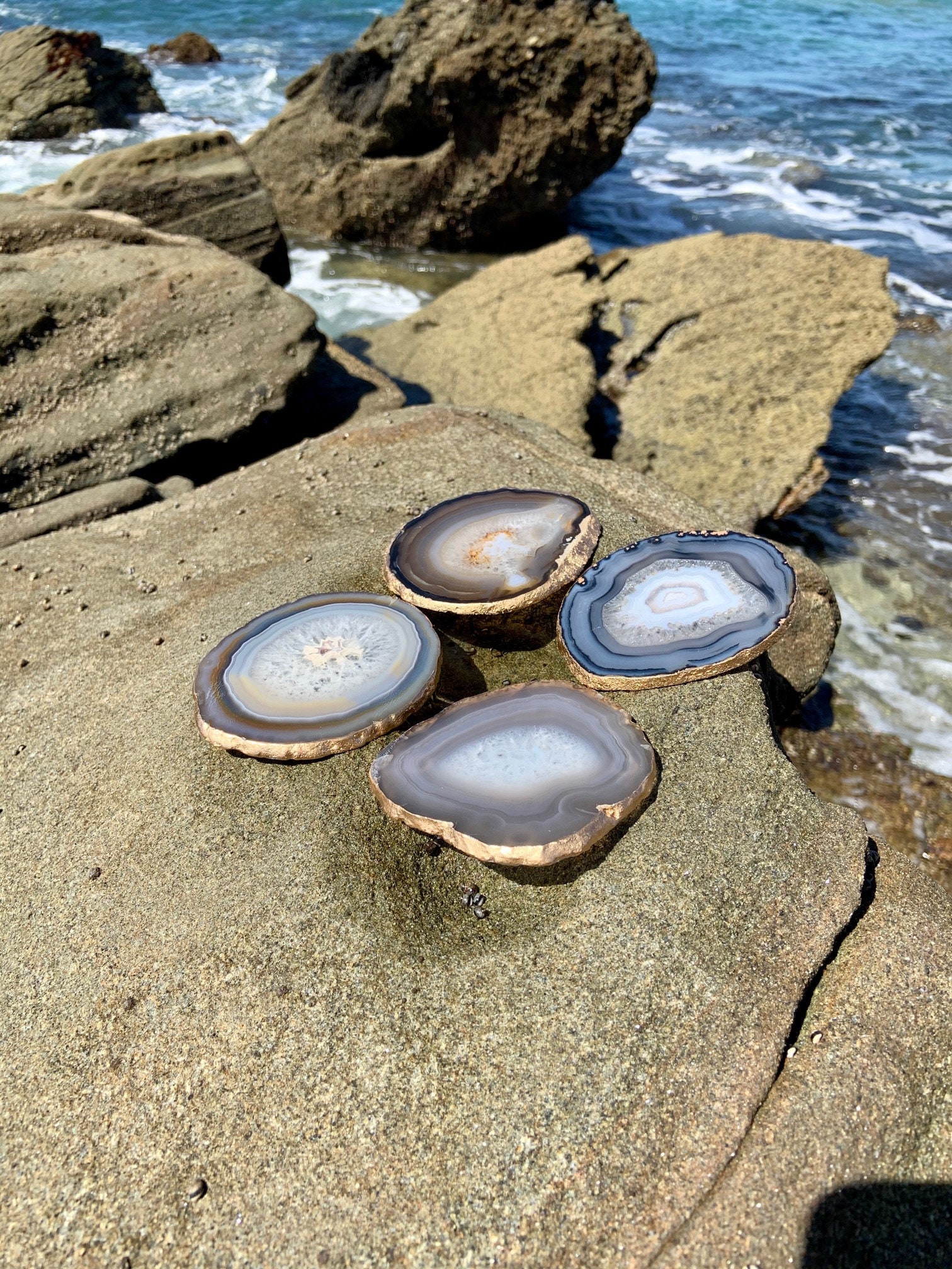 Gold Rimmed Authentic Brazilian Agate Coasters - Natural - Agate Sets ...