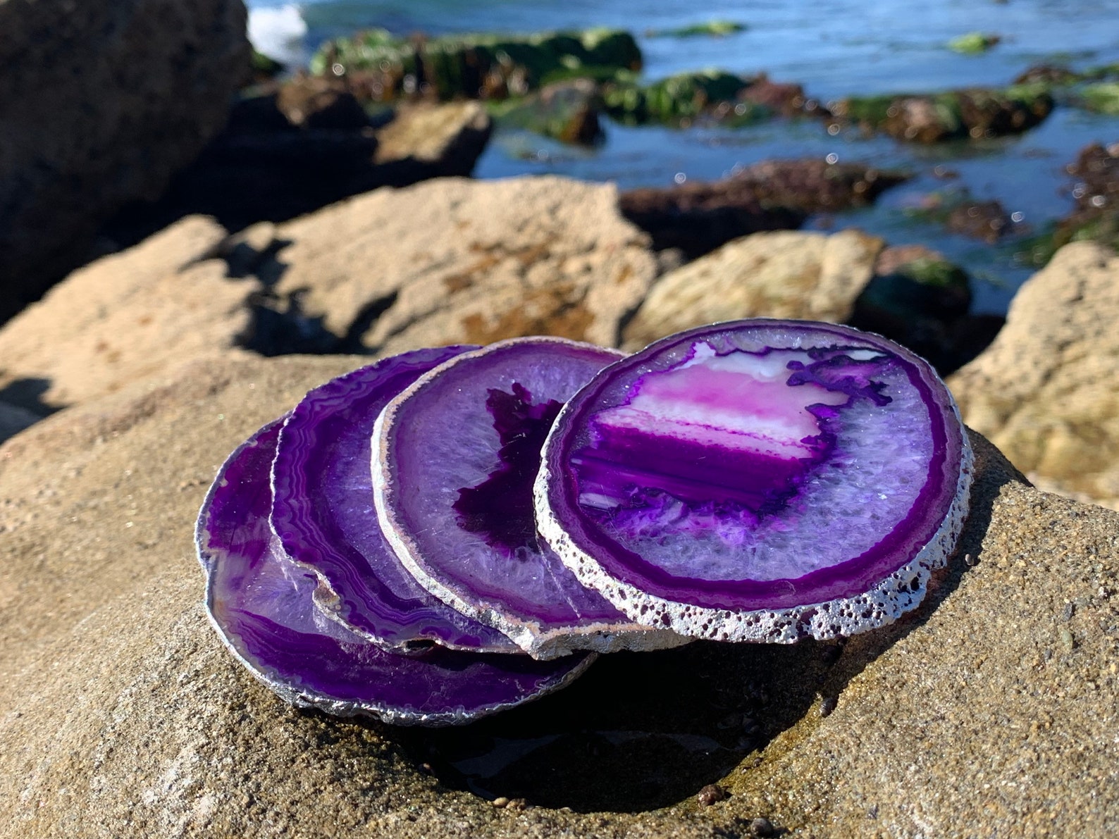Silver Rimmed Authentic Brazilian Agate Coasters purple Agate - Etsy