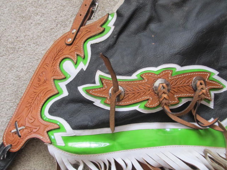 Brown Tooled Leather Cowboy Chaps Fringe Leather Chaps Western Rodeo ...