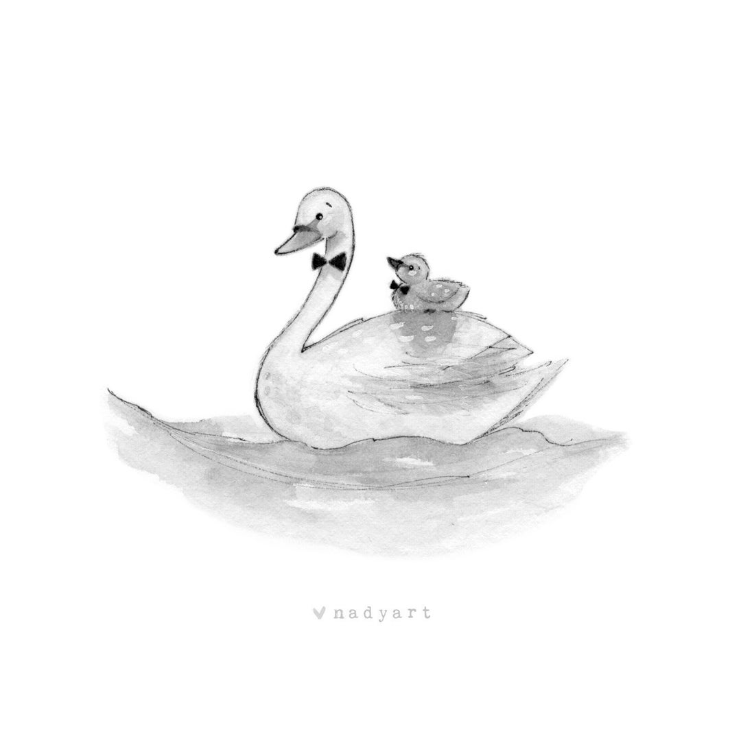 C48: Swan Father and Son Print • Small Cute Illustration, Printed on ...