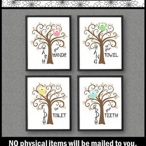 Owls Bathroom Decor Wall Art, Owls Wall Decor, Kids Bathroom Set, Funny ...
