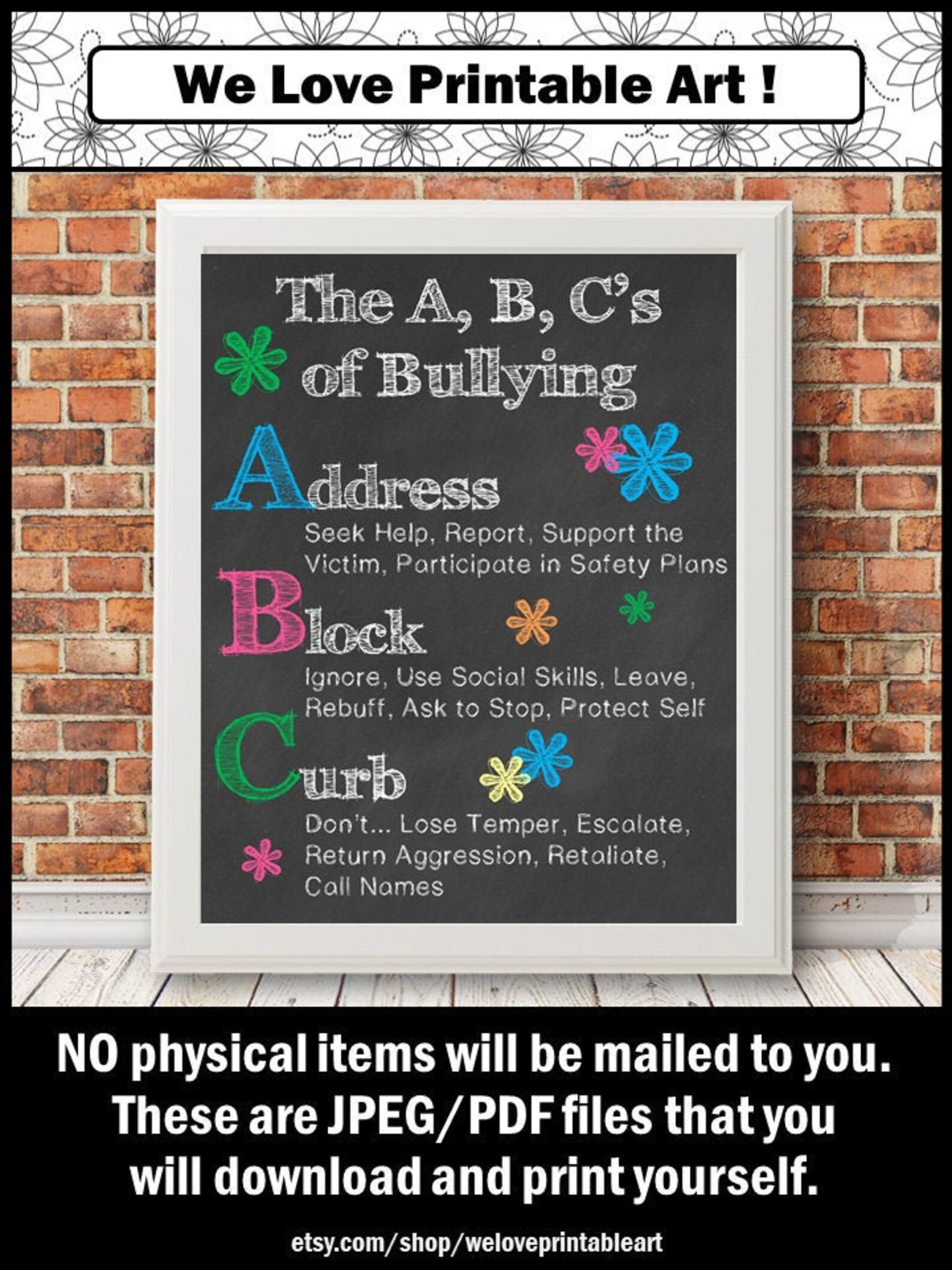 Anti-bullying Poster for Kids, Bullying Stops Here Prevention PRINTABLE ...