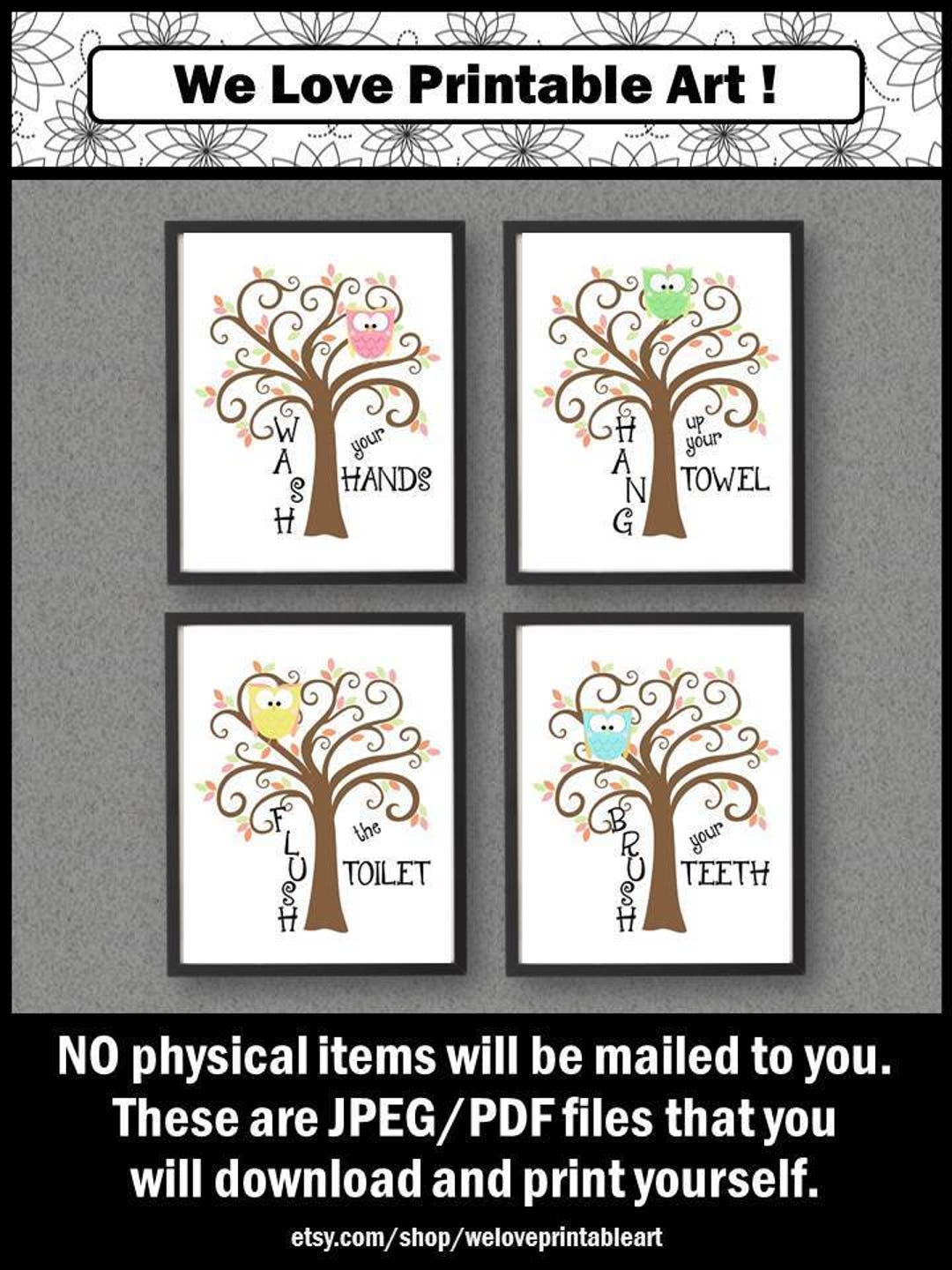Owls Bathroom Decor Wall Art, Owls Wall Decor, Kids Bathroom Set, Funny ...