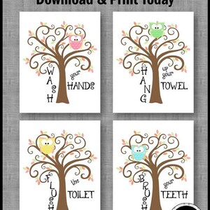 Owls Bathroom Decor Wall Art, Owls Wall Decor, Kids Bathroom Set, Funny ...