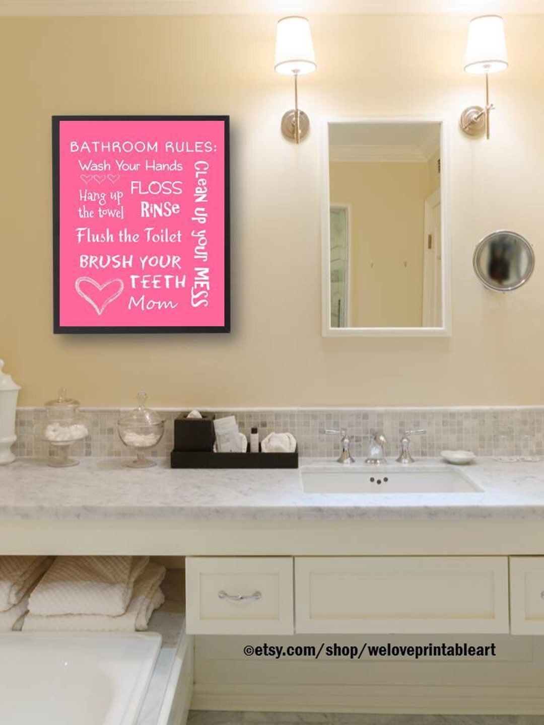 Pink Kids Bathroom Wall Art Printable Subway Art, Bathroom Rules Sign ...