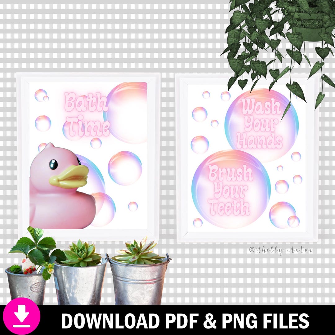Pink Bathroom Prints Duck, Wash Poster Picture Set, Girly Restroom ...