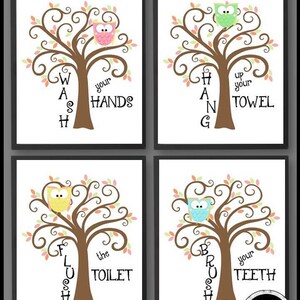 Owls Bathroom Decor Wall Art, Owls Wall Decor, Kids Bathroom Set, Funny ...
