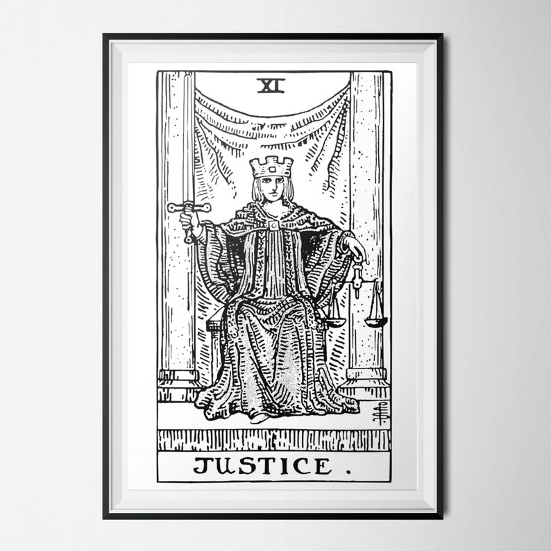 Justice Print, Tarot Card Poster, Rider-Waite, Mystic Decor, Black ...