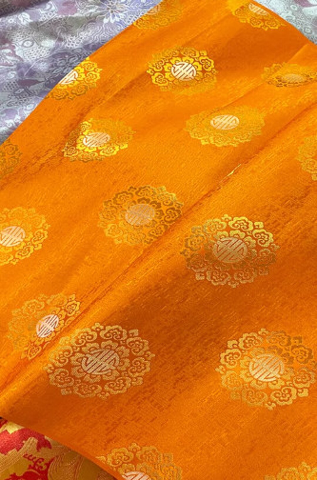 Orange Color Brocade Fabric With Yellow Pattern, Jacquard Brocade ...