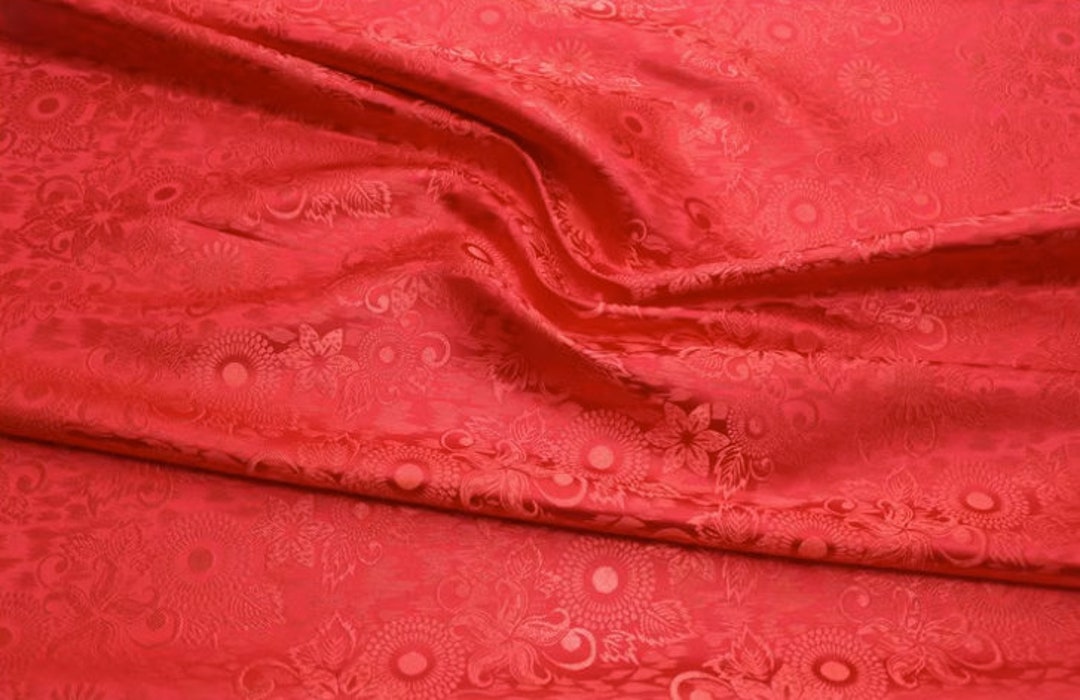 Red Color Flower Brocade Fabric, Jacquard Brocade Fabric, by the Yard ...