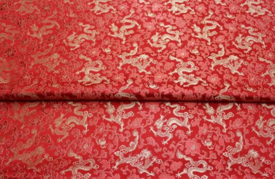 Red Color Brocade Fabric, Dragon Style Brocade Fabric, Jacquard Fabric ...