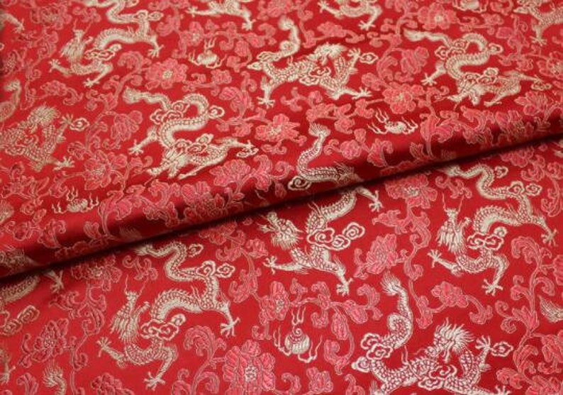 Red Color Brocade Fabric, Dragon Style Brocade Fabric, Jacquard Fabric ...