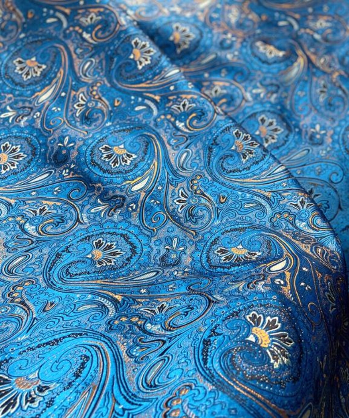 Blue Color Brocade Fabric With Black Flower, Jacquard Brocade Fabric ...