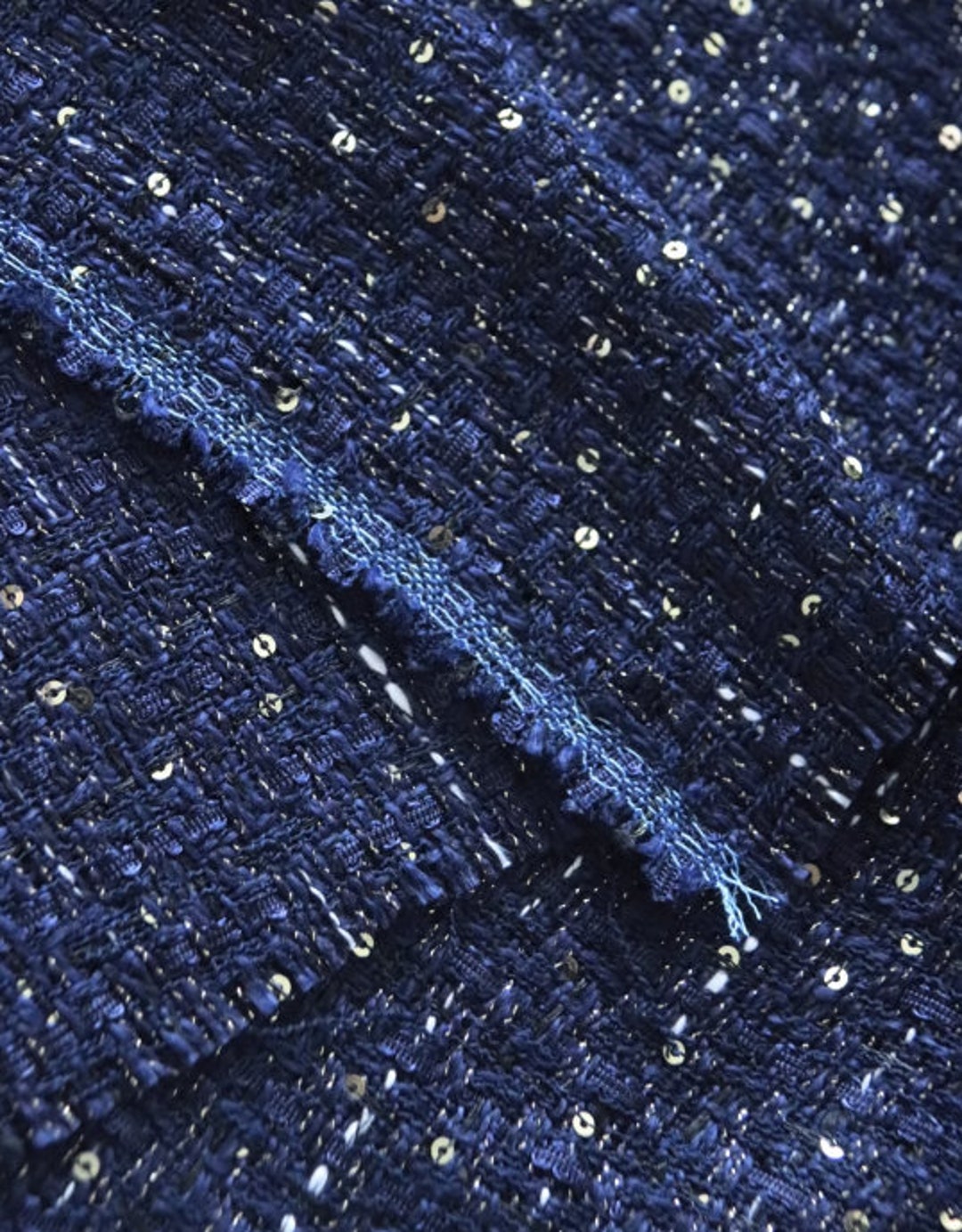Dark Navy Blue Color Wool Fabric, Sequins Woven Tweed Fabric, Autumn ...