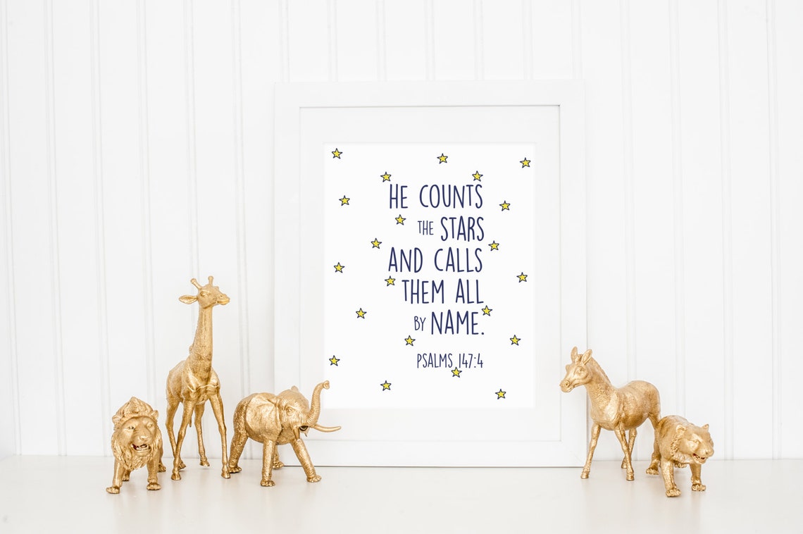 DIGITAL Psalm 147:4 Navy Star Outer Space Nursery Print, Modern Kid ...
