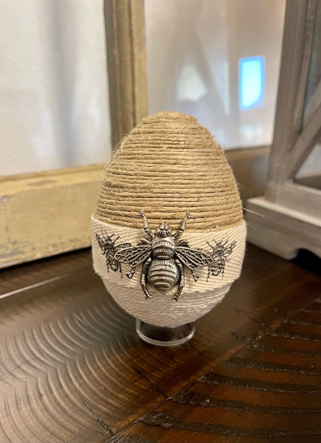 Shabby Chic Easter Egg Decorative Tan & Cream Twine Silver Bee Charm W ...