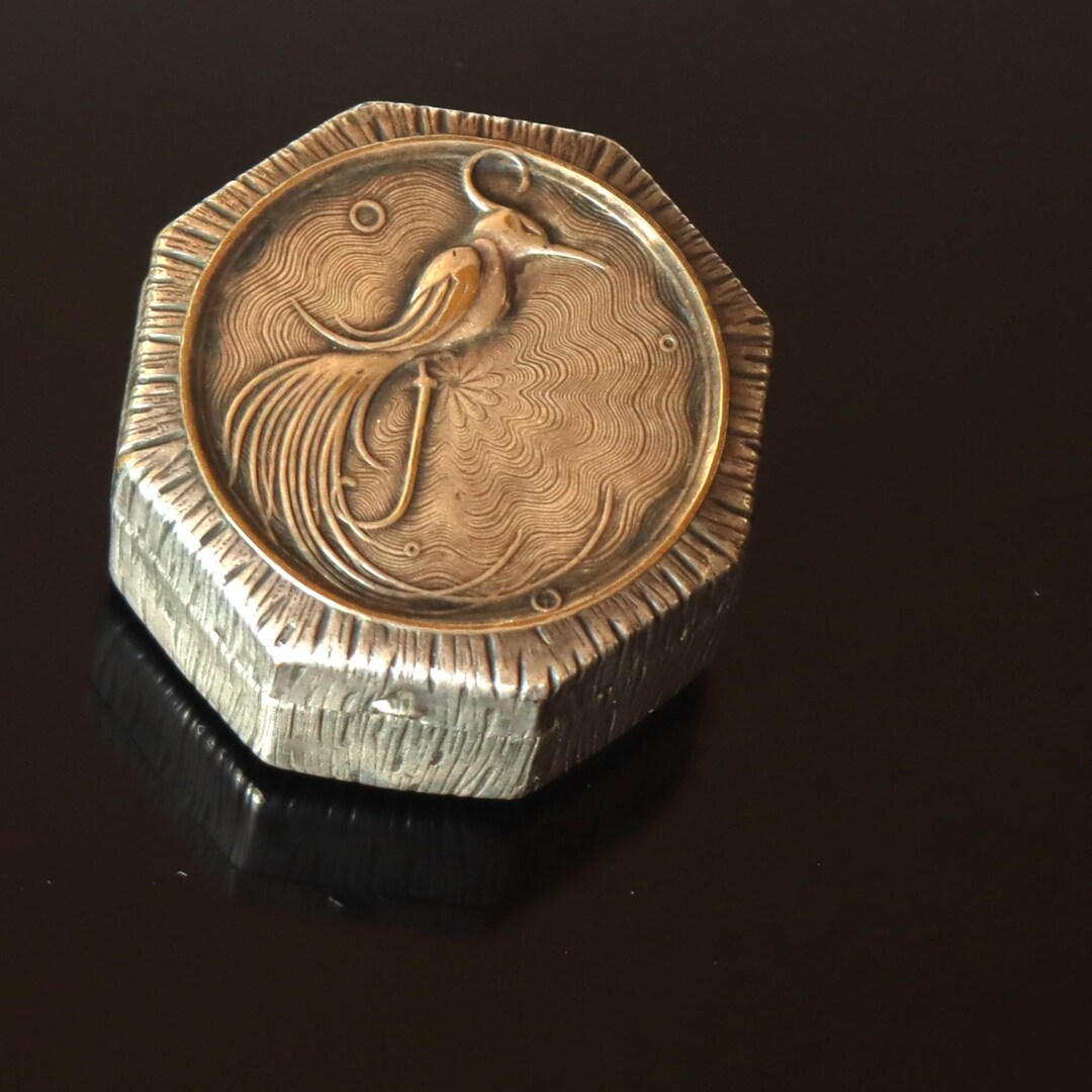 Art Nouveau Bird of Paradise Octagonal Silver Plate on Brass Compact ...
