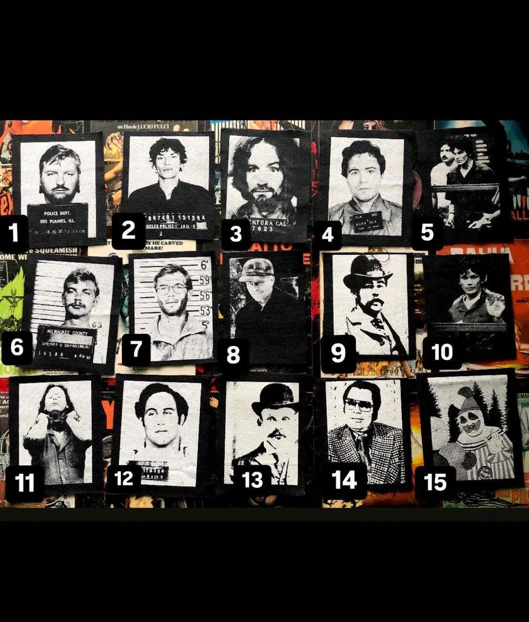 Screen Printed Serial Killer Canvas Patches Manson Bundy Dahmer Gacy Ramirez Wuornos Jones Gein ...