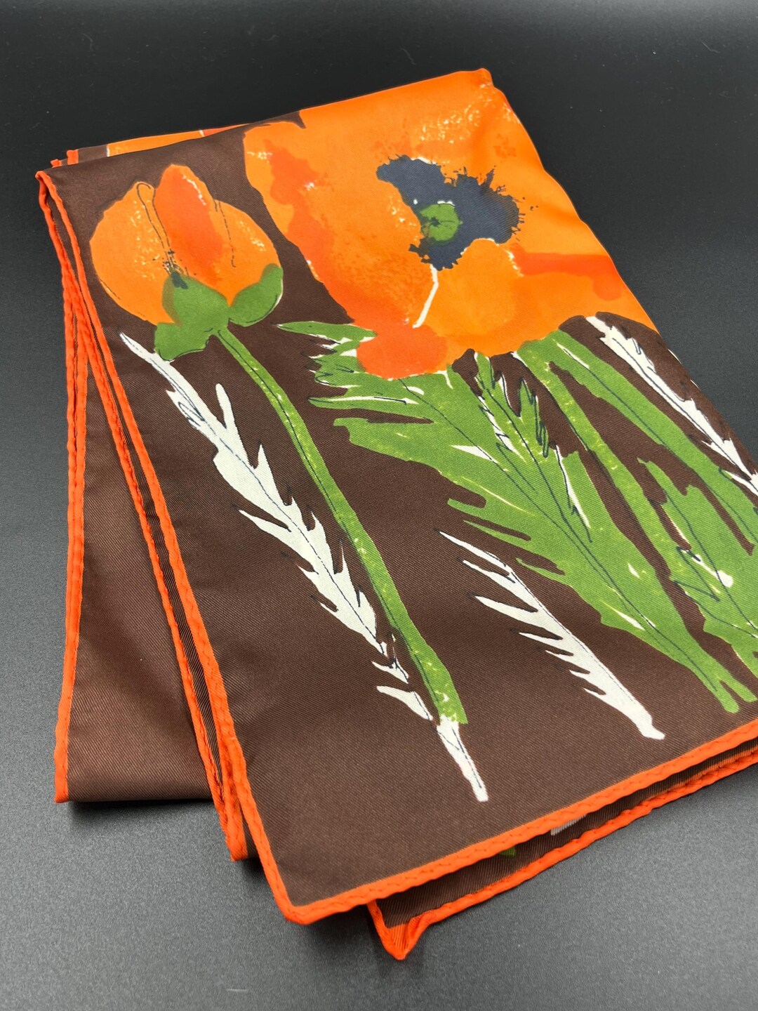 Vera Ladybug Scarf Vintage 70's Long Floral Orange Brown Green Made ...