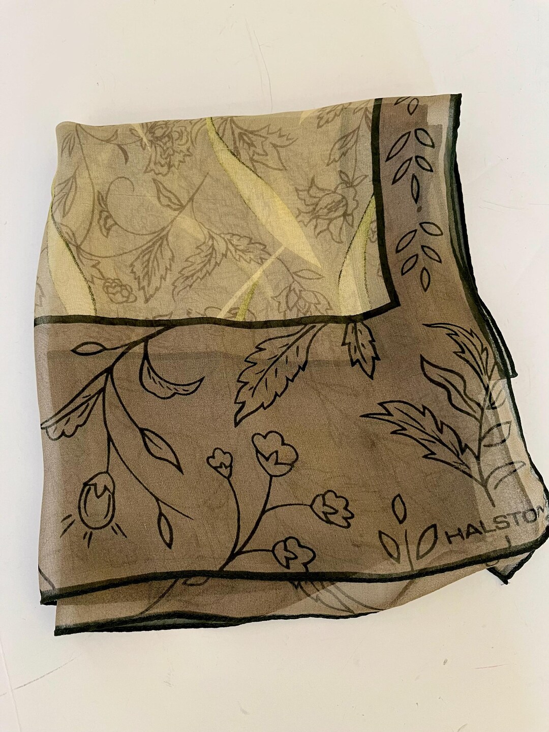 Halston Silk Scarf Sheer Long Chiffon Leaves Greens Gray Signed Classic ...