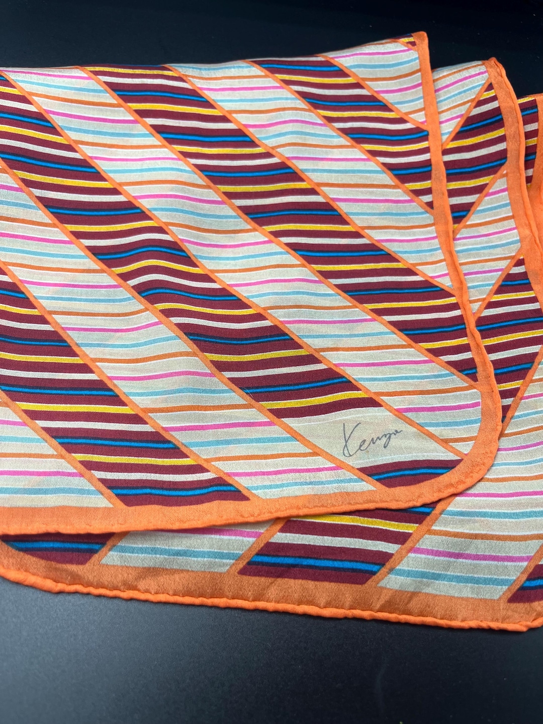 Vintage Kenzo Silk Scarf Oblong Bold Stripe Mod Signed Orange Blue Pink ...