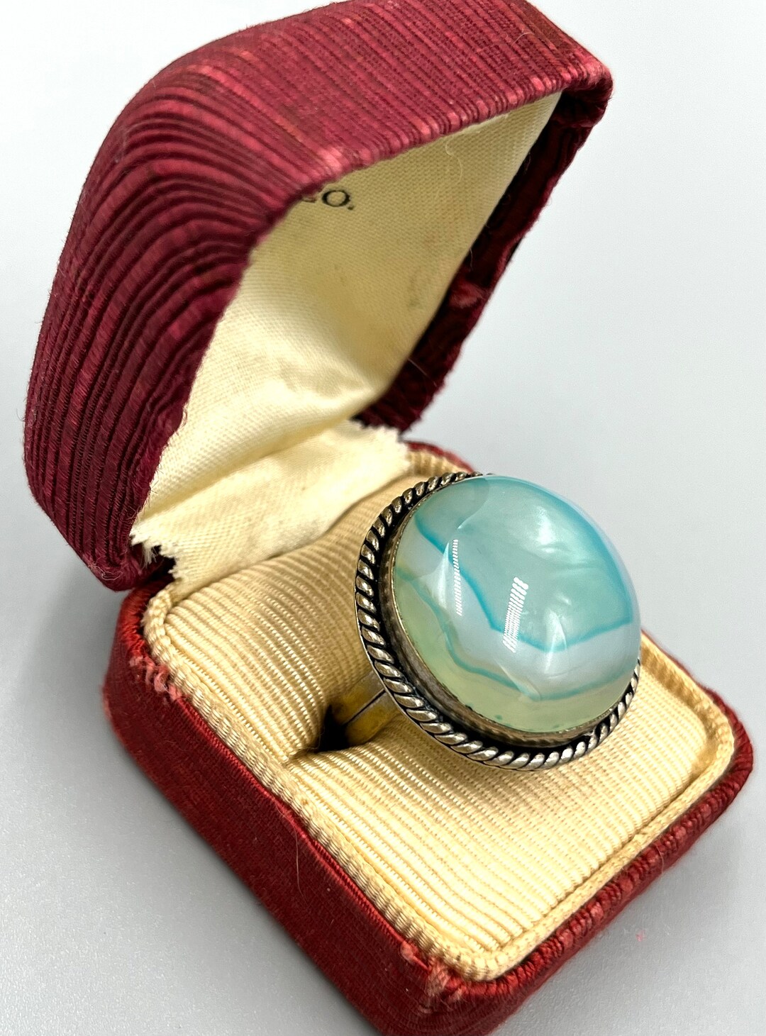 Vintage Swirl Agate Ring Brass Chunky Blue Green Beaded Costume 70’s ...
