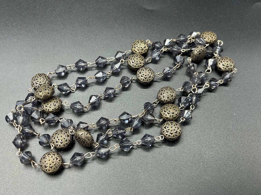 Vintage Beaded Necklace Long Flapper Length Acrylic Crystals Gray ...